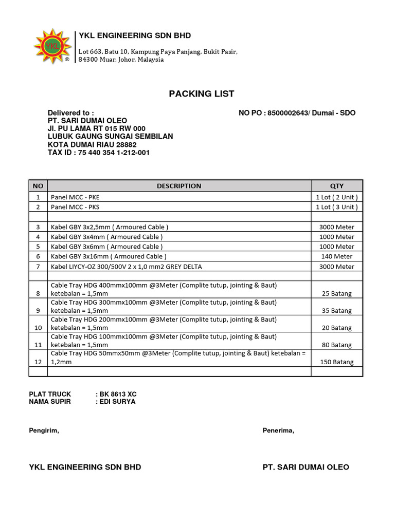 PACKING LIST MATERIAL YKL | PDF