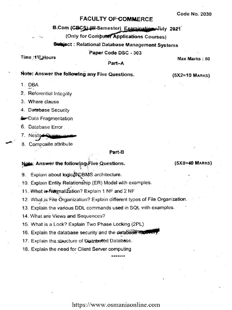 Bcom 3 Sem Relational Database Management Systems 2030 Jul 2021 | PDF