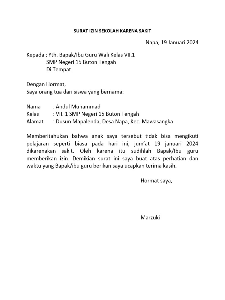 Surat Izin Sekolah Karena Sakit | PDF