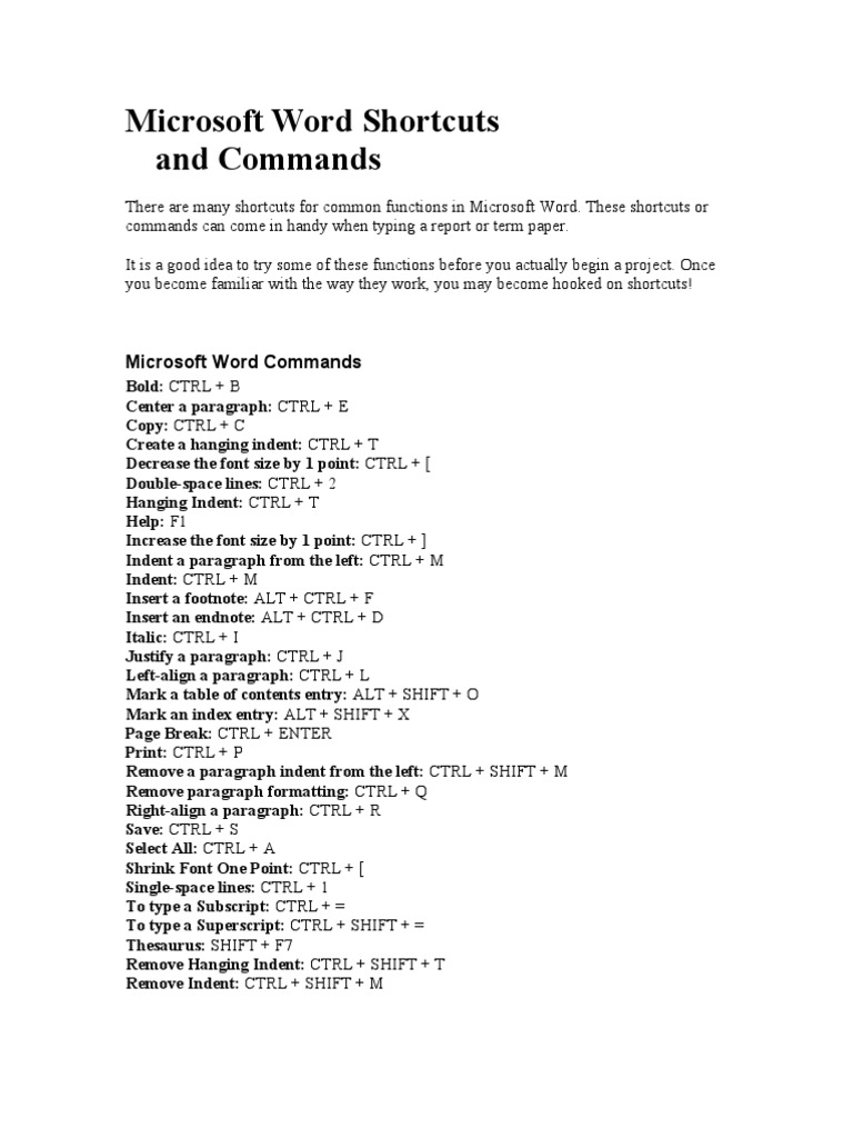 Essential Microsoft Word Shortcuts | PDF