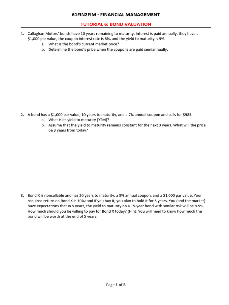 Bond Valuation Tutorial Exercises | PDF | Bonds (Finance) | Yield (Finance)