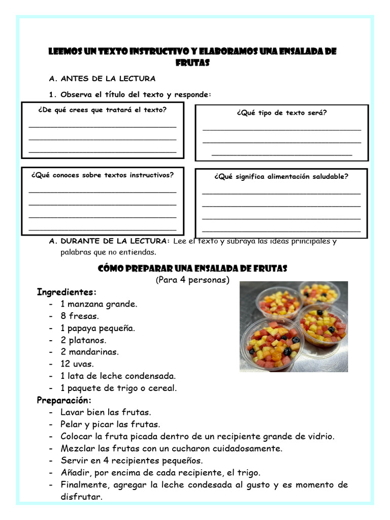 Lectura de Textos Instructivos Receta | Descargar gratis PDF | Fruta ...