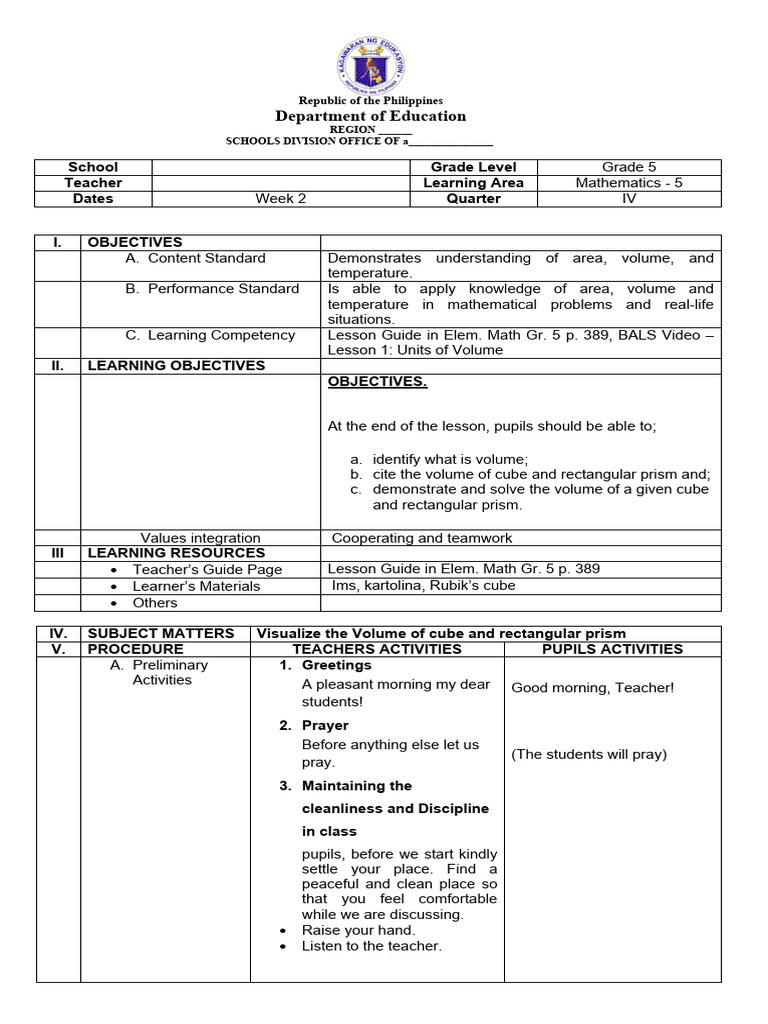 Lesson Plan in Visualize The Volume of Cube and Rectangular Prism | PDF ...