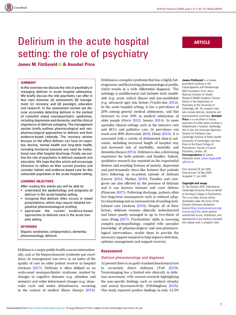 Delirium in The Acute Hospital Setting The Role of Psychiatry | PDF ...