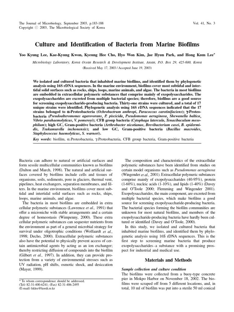 Lee Et Al. 2003 (Culture & Identification of Baceria From Marine ...