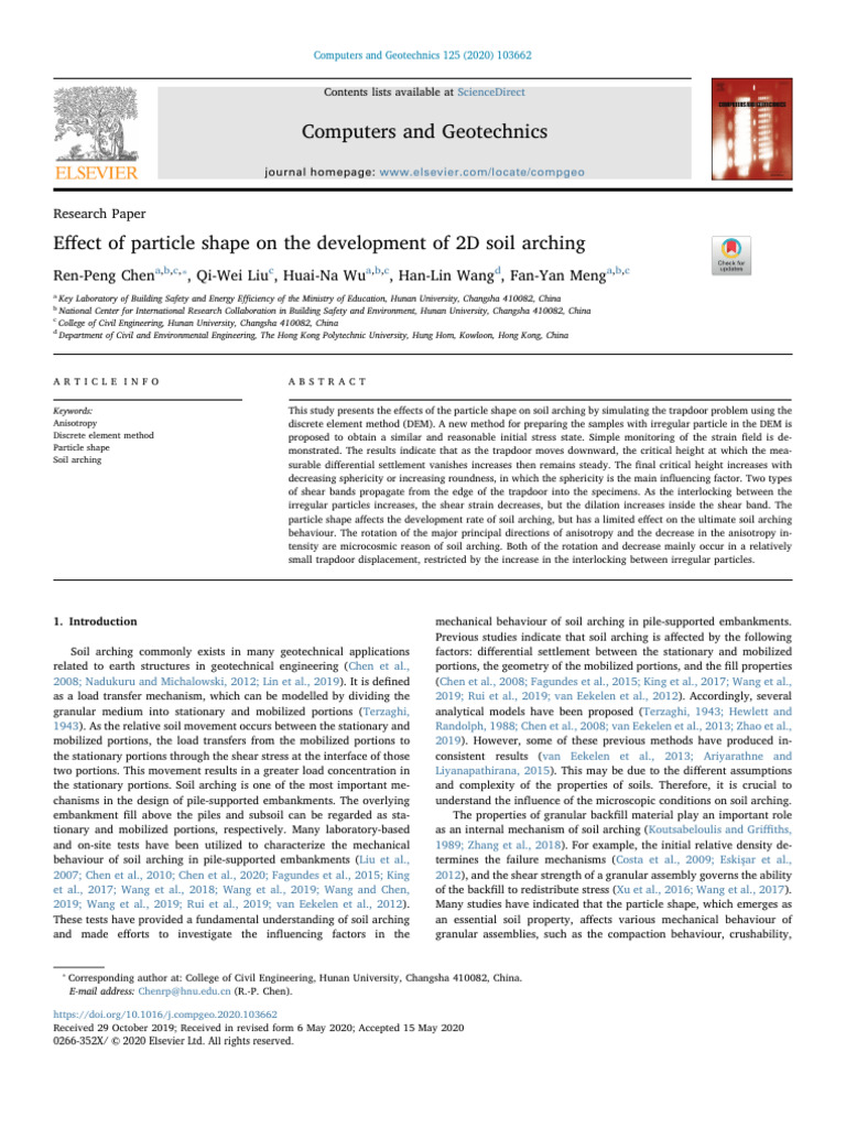 Chen 2020 Effect of Particle Shape On Development of 2D Soil Arching ...
