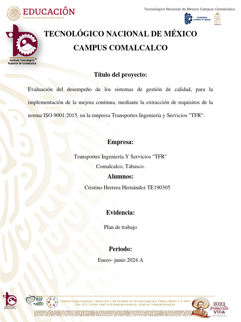 Cristinohh-Plan de Trabajo - Te190305 - CHH | PDF | Sistema de manejo de calidad