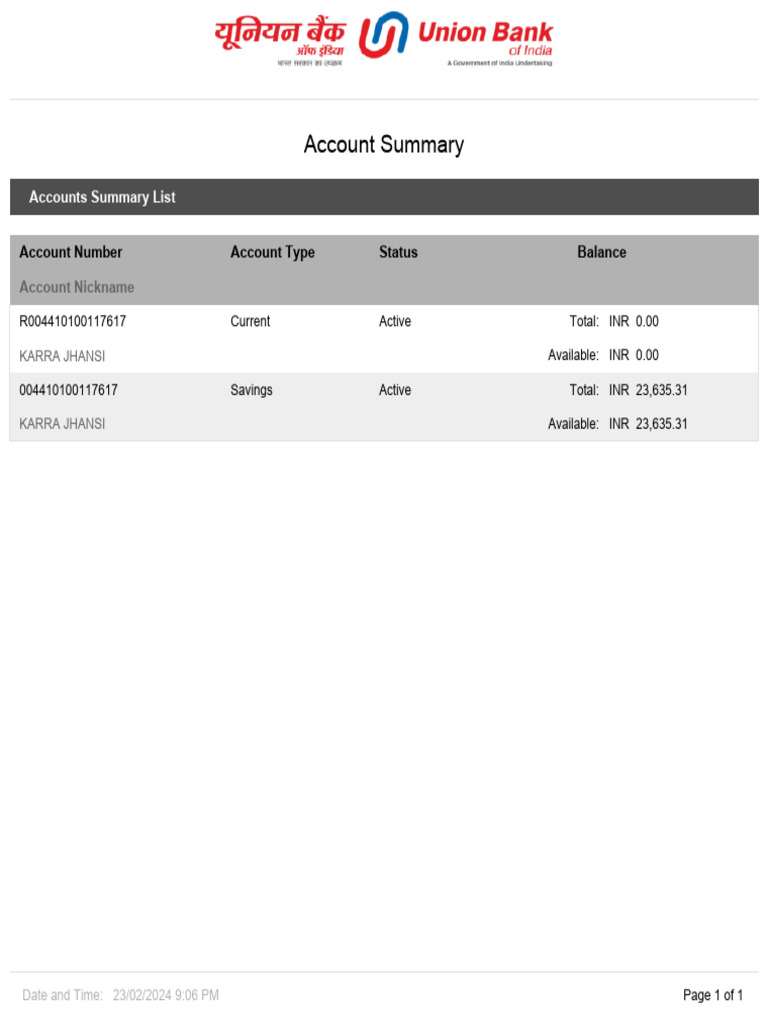 Personal Bank Account Overview | PDF