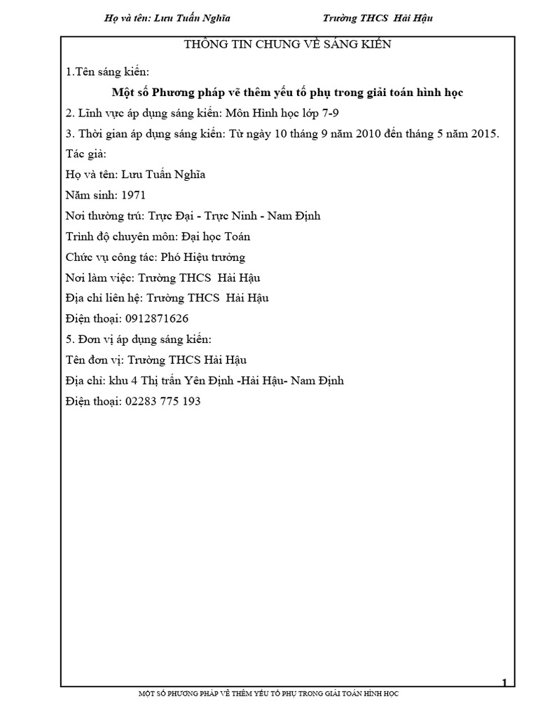 Mot So Phuong Phap Ve Them Yeu To Phu Trong Giai Toan Hinh Hoc Luu Tuan Nghia | PDF