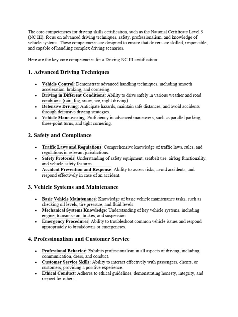 Core Competencies For Driving Skills Certification | PDF | Traffic ...