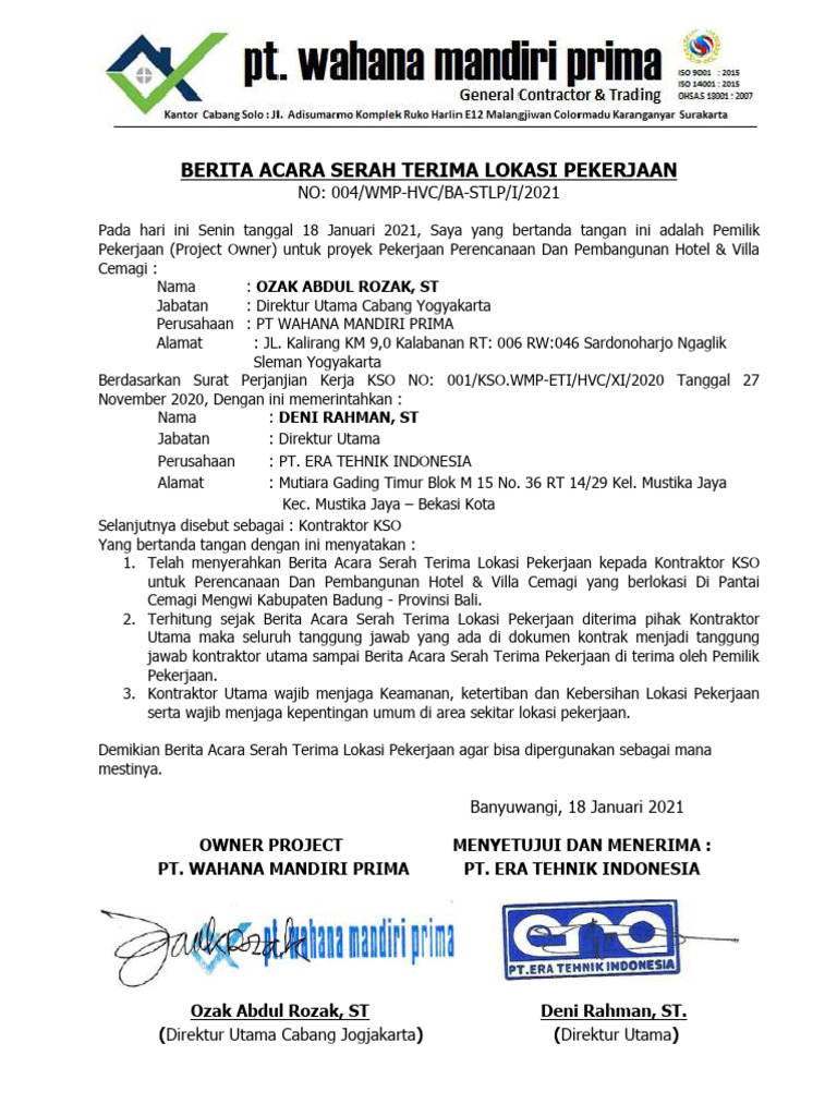 Berita Acara Serah Terima Lokasi Pekerjaan | PDF
