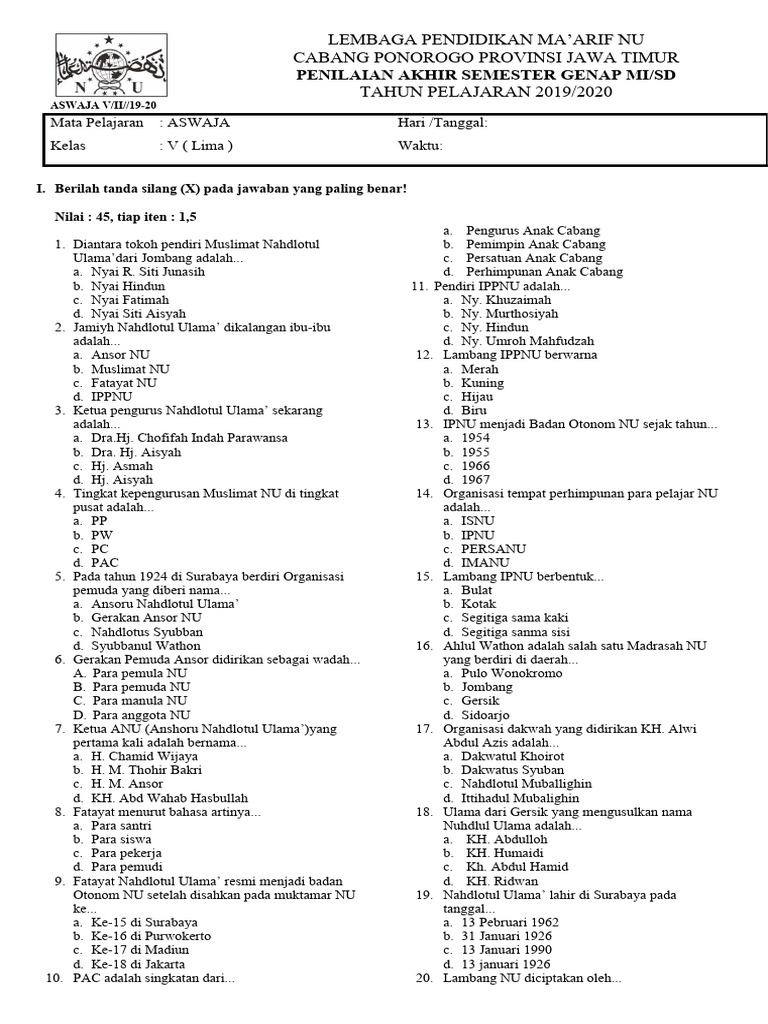 Soal Aswaja Kelas V | PDF