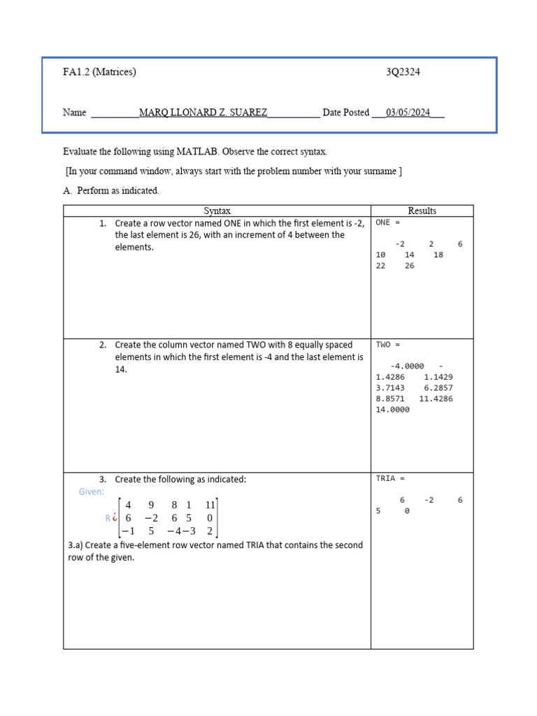 Fa1.2 (M1 Lab 3Q2324) A4 | PDF | Matrix (Mathematics) | Functions And Mappings