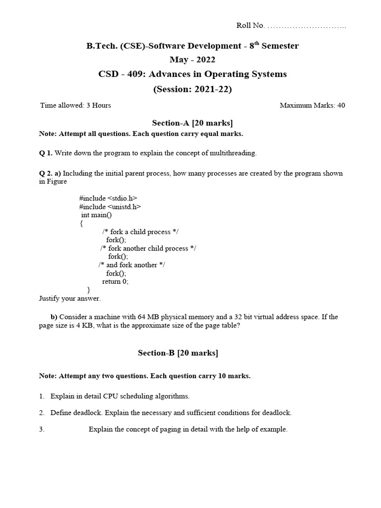 AOS (CSD-409) Final Question Paper (May 2022) | PDF | Technology ...