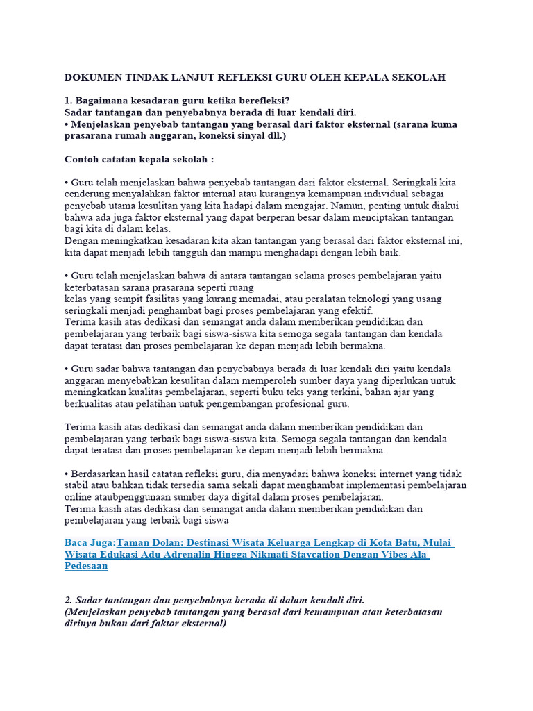 Dokumen Tindak Lanjut Refleksi Guru Oleh Kepala Sekolah | PDF