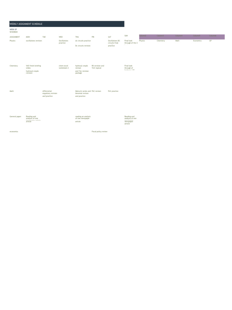 Weekly Assignment Schedule | PDF
