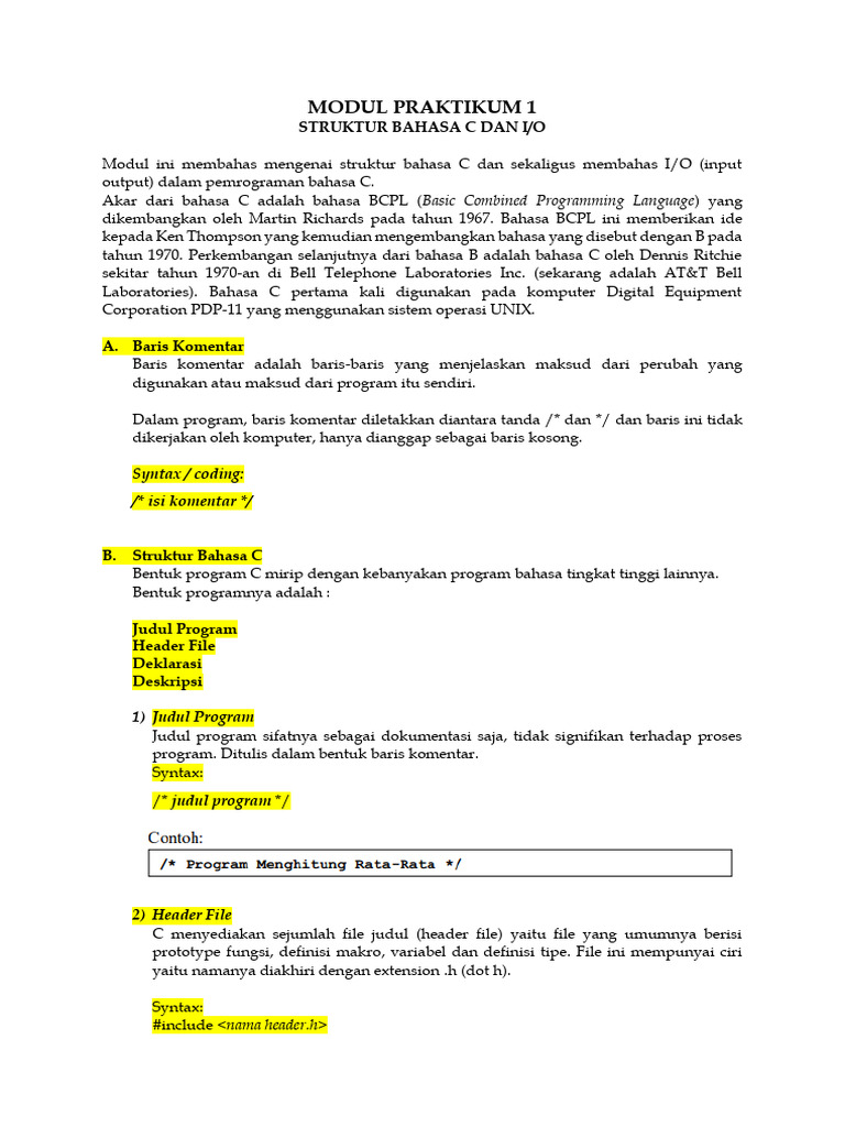 01 - Modul 1 - Struktur Bahasa C | PDF