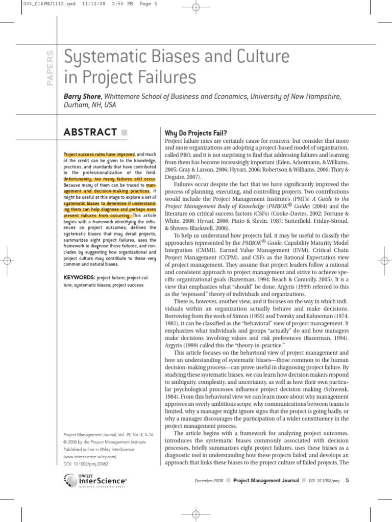Systematic Biases and Culture in Project Failures Barry Shore 2008 | PDF | Project Management ...