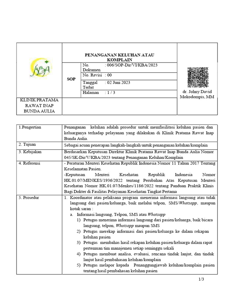 Sop Penanganan Keluhan Atau Komplain | PDF