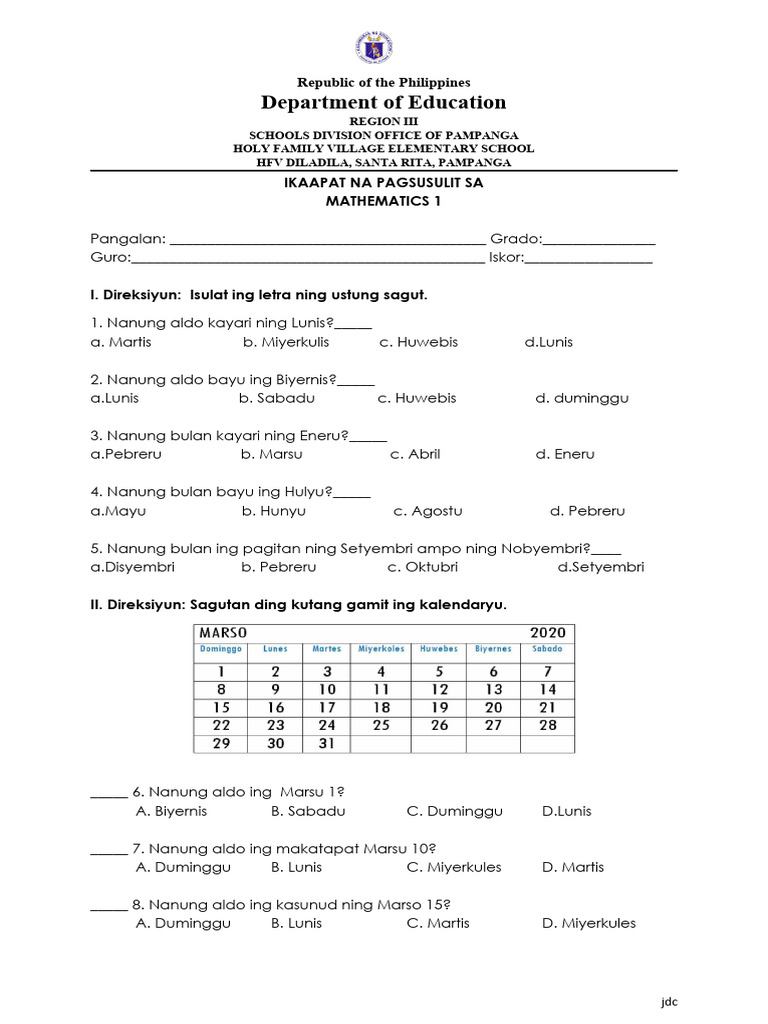 Math 1 Q4 PT | PDF