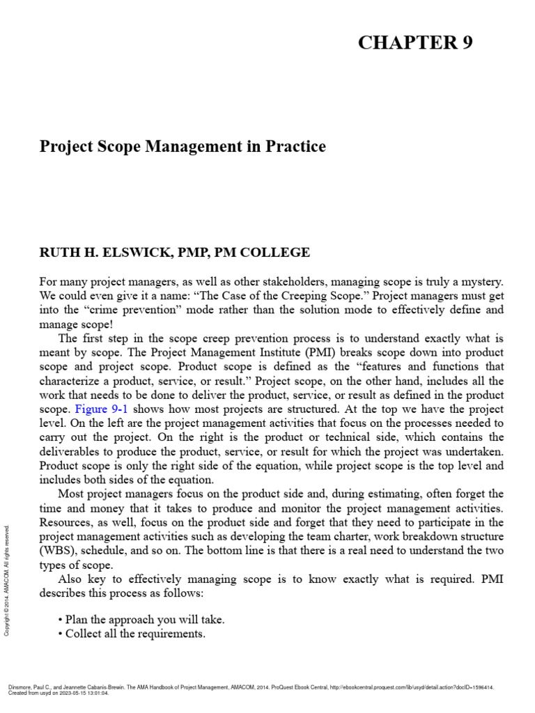Chapter 9. Project Scope Management in Practice, in Dinsmore, P. C., & Cabanis-Brewin, J. (2014 ...