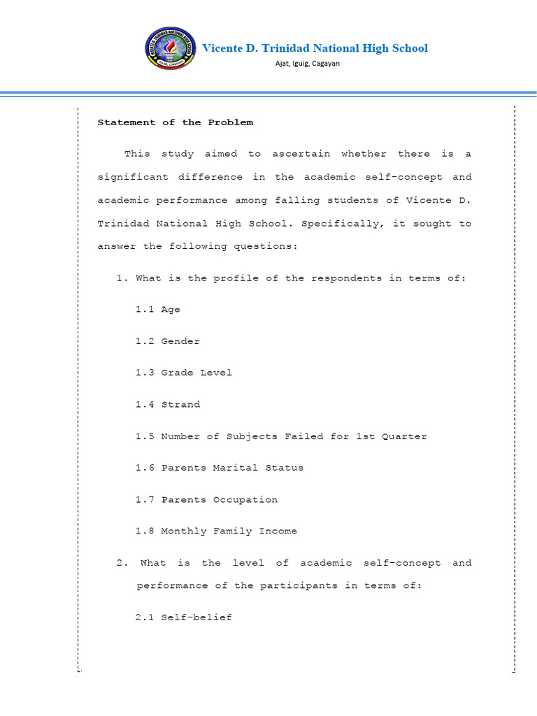 Sop Questionnaire RESEARCH - SHS FAILING STUDENTS | PDF | Self Concept | Cognition