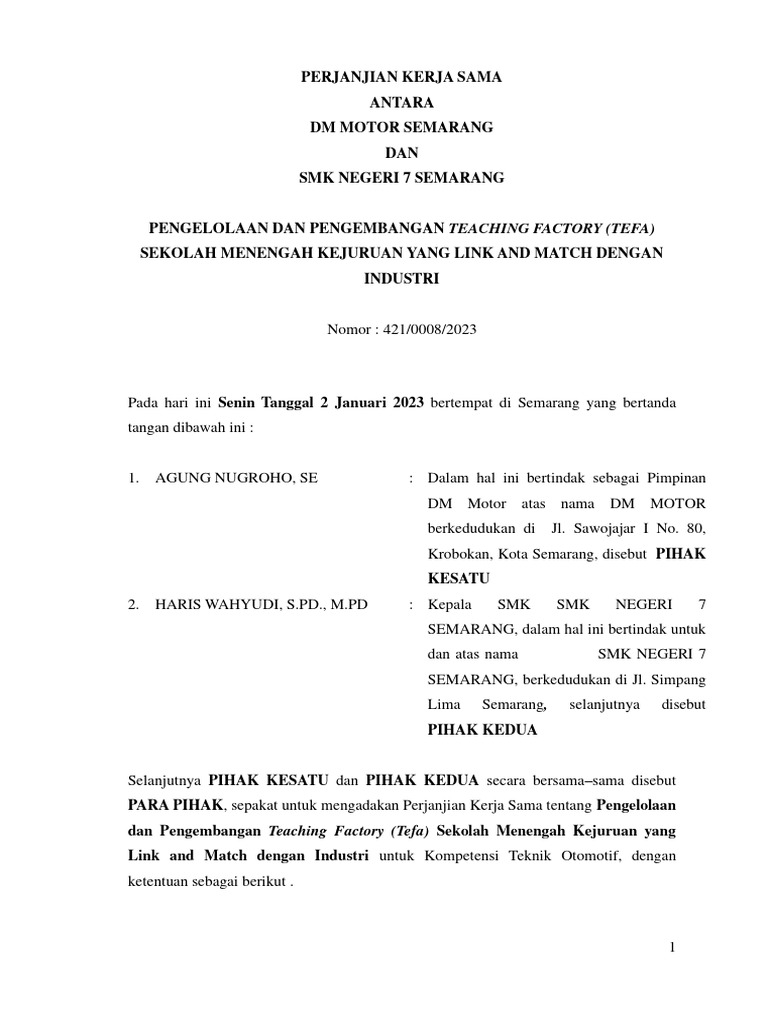 Kerja Sama DM Motor dan SMK 7 Semarang | PDF