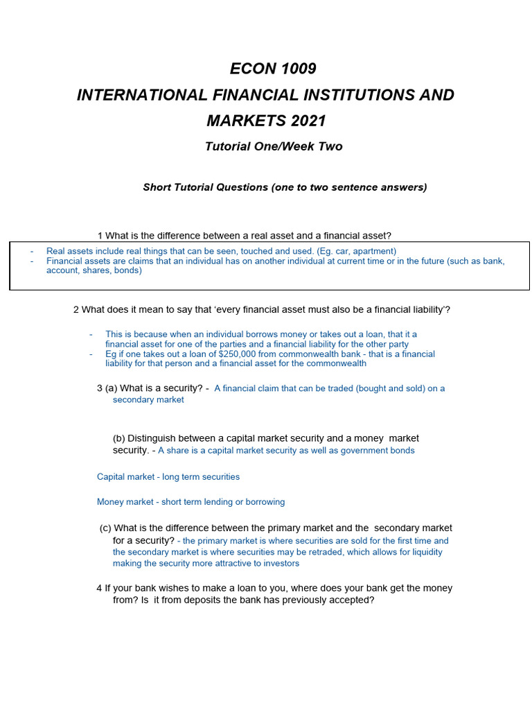 Tute 1 2021 IFIM | PDF | Financial Markets | Money