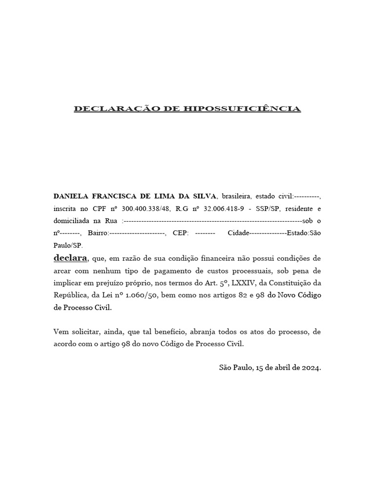 DECLARAÇÃO DE HIPO - Curatela | PDF DECLARAÇÃO DE HIPO - Curatela | PDF