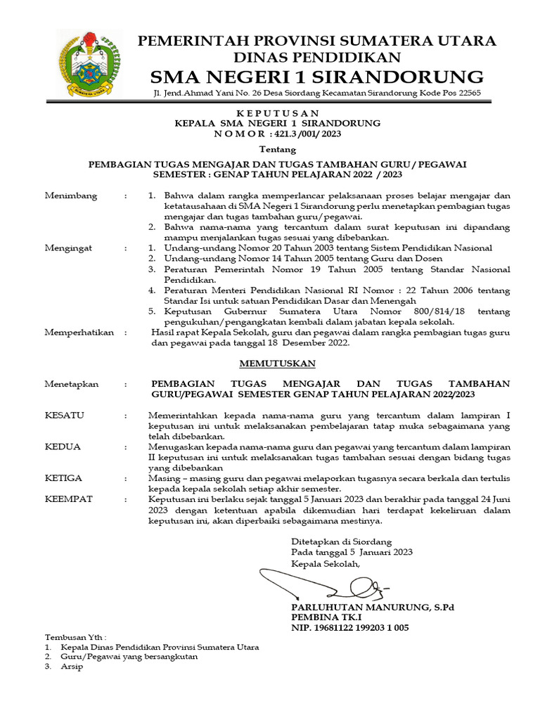 SK Pembagian Tugas 2022-2023 Semester Genap | PDF