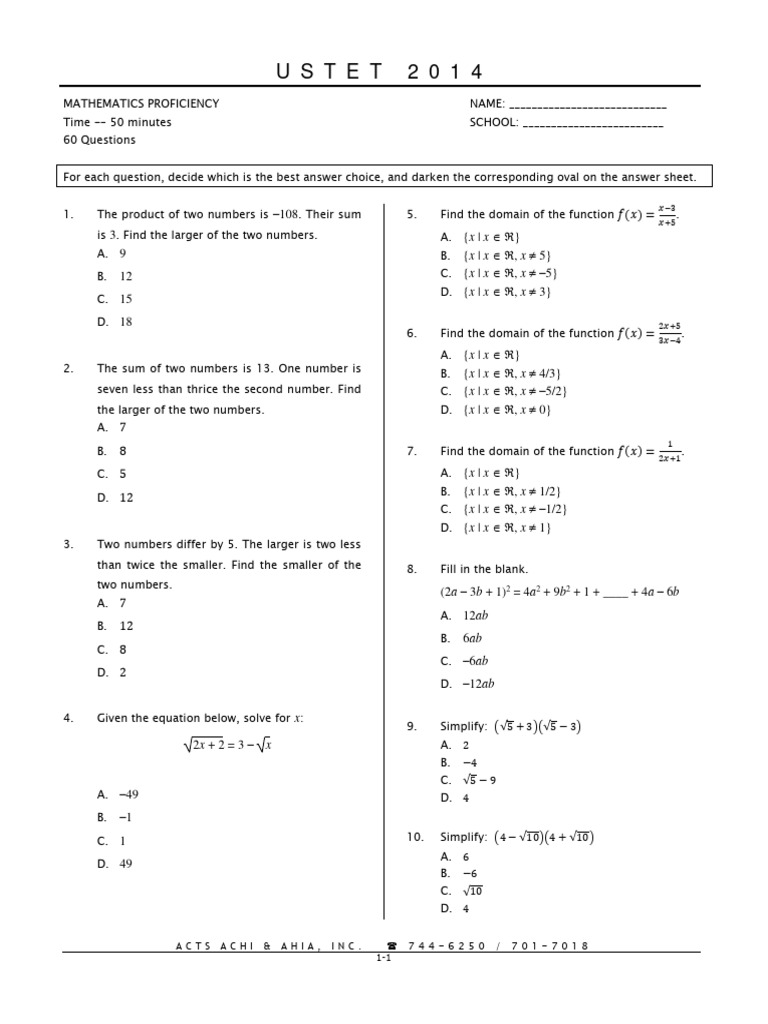 (USTET 2014) Mathematics Proficiency | Download Free PDF | Function ...