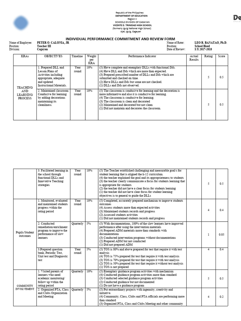 Teacher Performance Review Form 2017-2018 | PDF | Teachers | Non ...