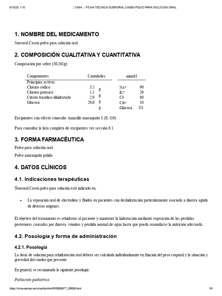 Ficha Técnica Sueroral Casen | PDF | Diarrea | Medicamentos con receta