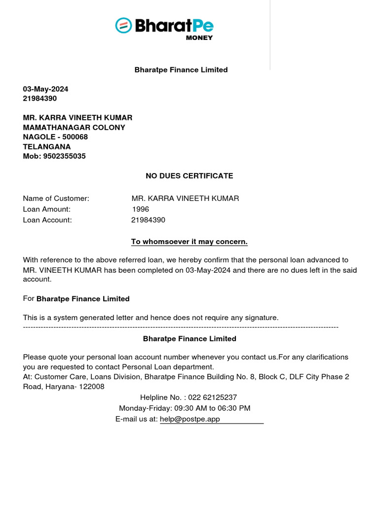 Bharatpe - NOC | PDF | Finance & Money Management