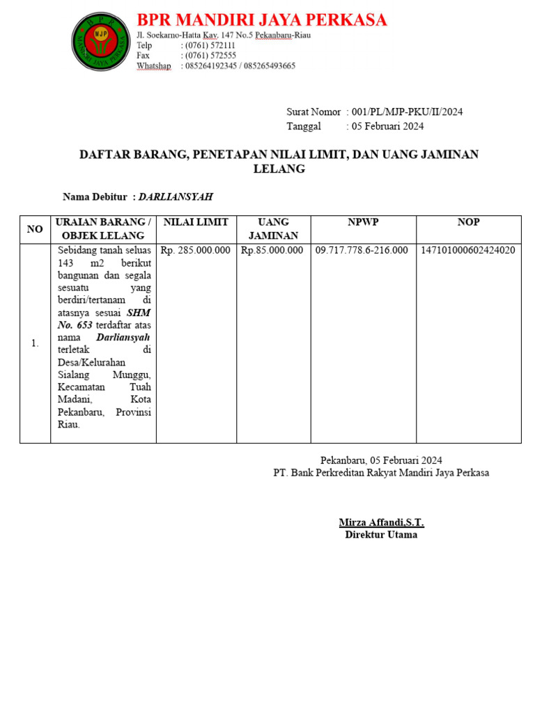 Daftar Lelang dan Nilai Limit 2024 | PDF