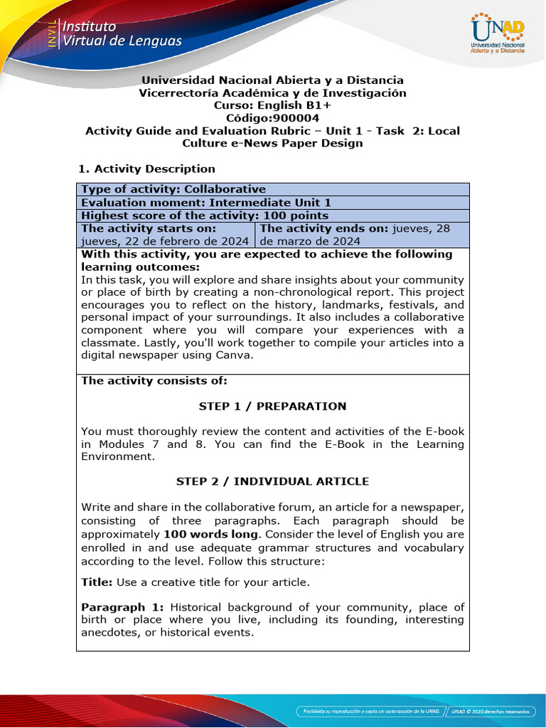 Activity Guide and Evaluation Rubric - Unit 1 - Task 2 Local Culture E-News Paper Design | PDF ...