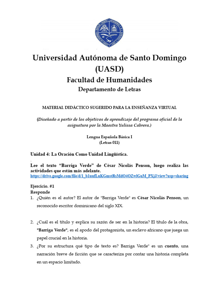 LET-011 Unidad 4 Ejercicios. La Oración.docx | PDF | Narración | República Dominicana