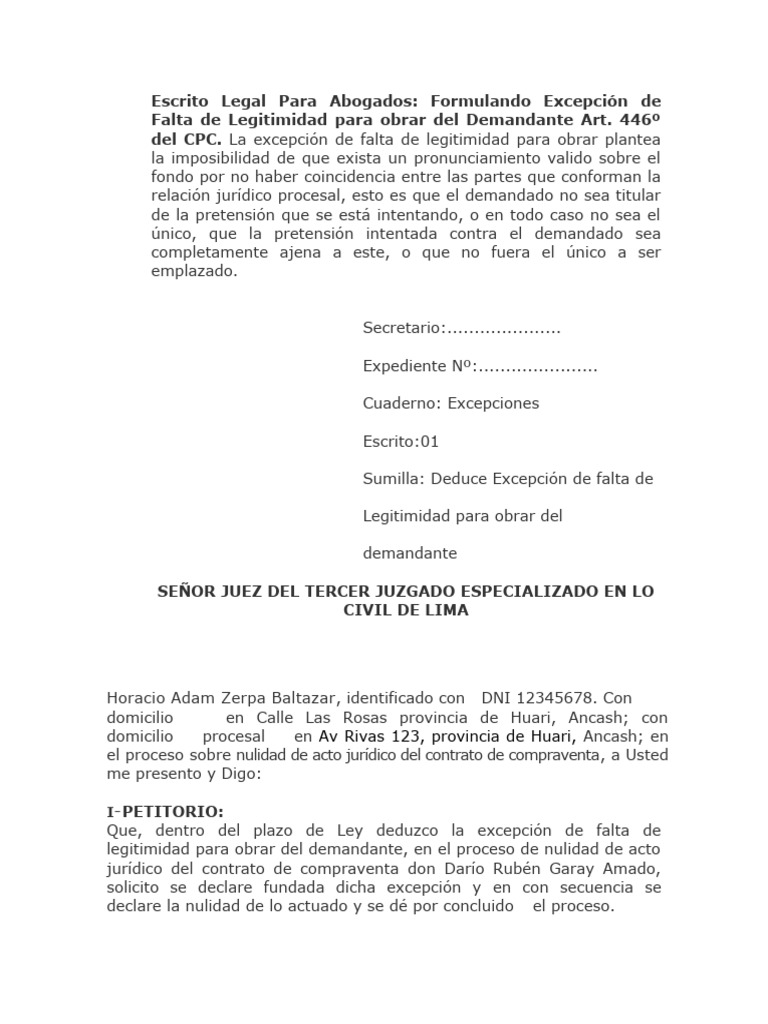 S05 - MODELO DE DEDUCIR EXCEPCIÓN | PDF | Demanda judicial | Ley procesal