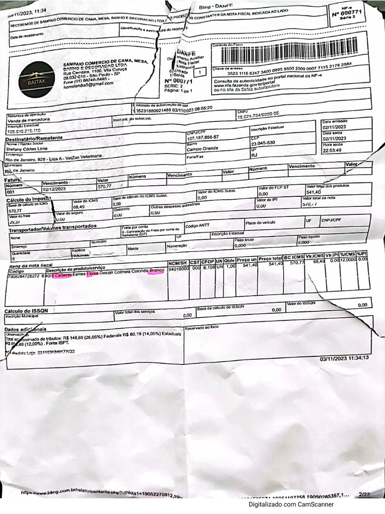 Nota Fiscal Das Cadeiras | PDF