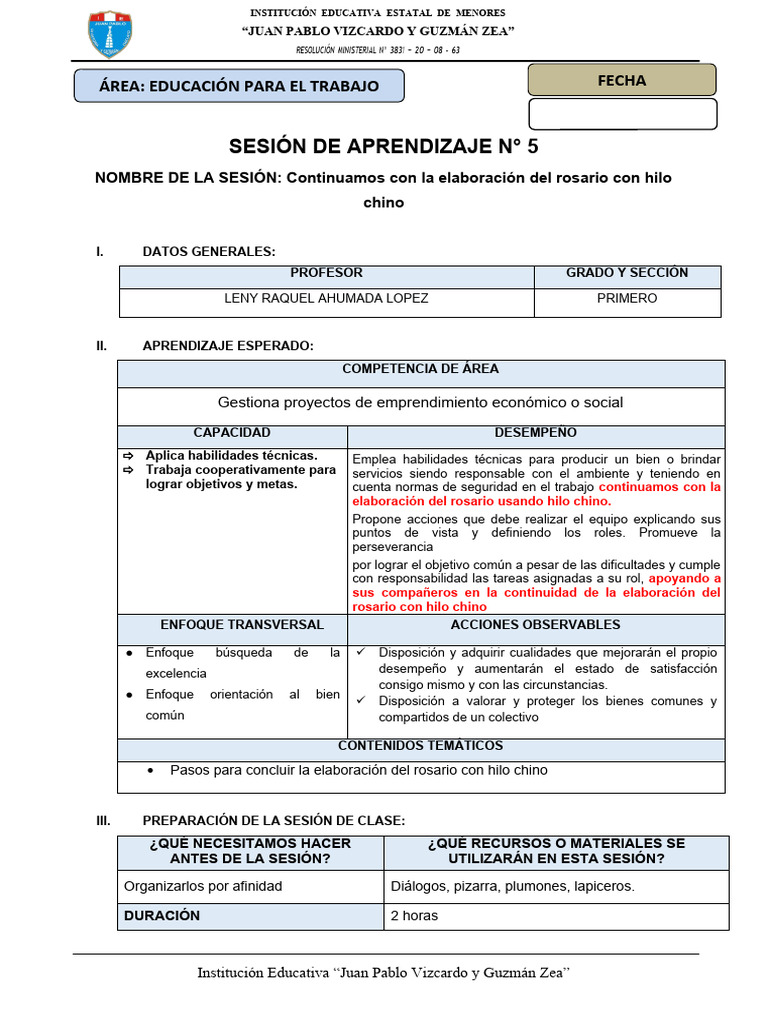 SESION DE APRENDIZAJE 5 - PRIMEO 2024 - I BIMESTRE | PDF | Iniciativa empresarial | Maestros
