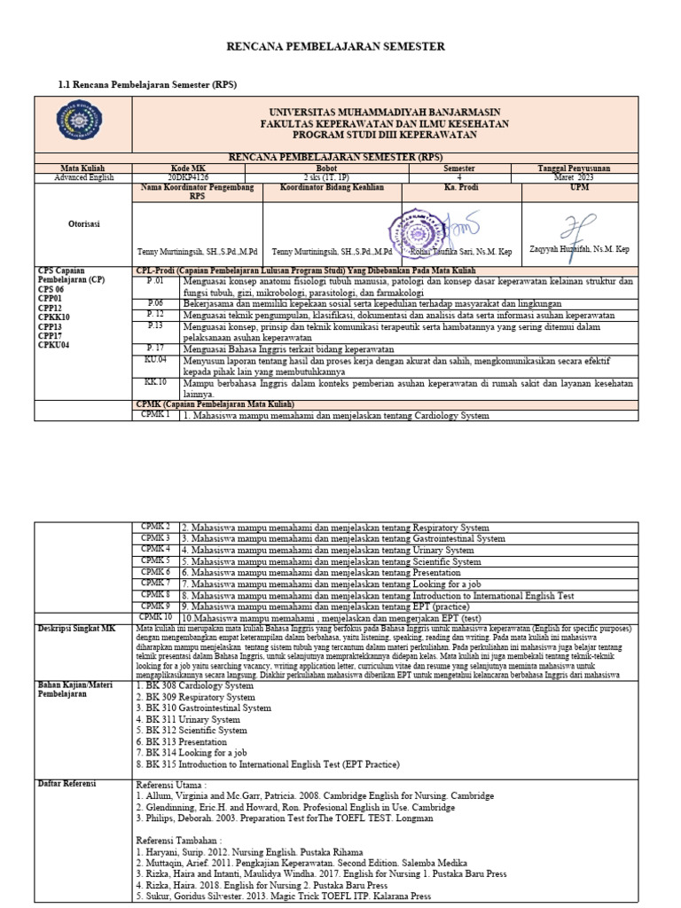 2022.2023. Genap. Rps Advanced English d3 Kep | PDF