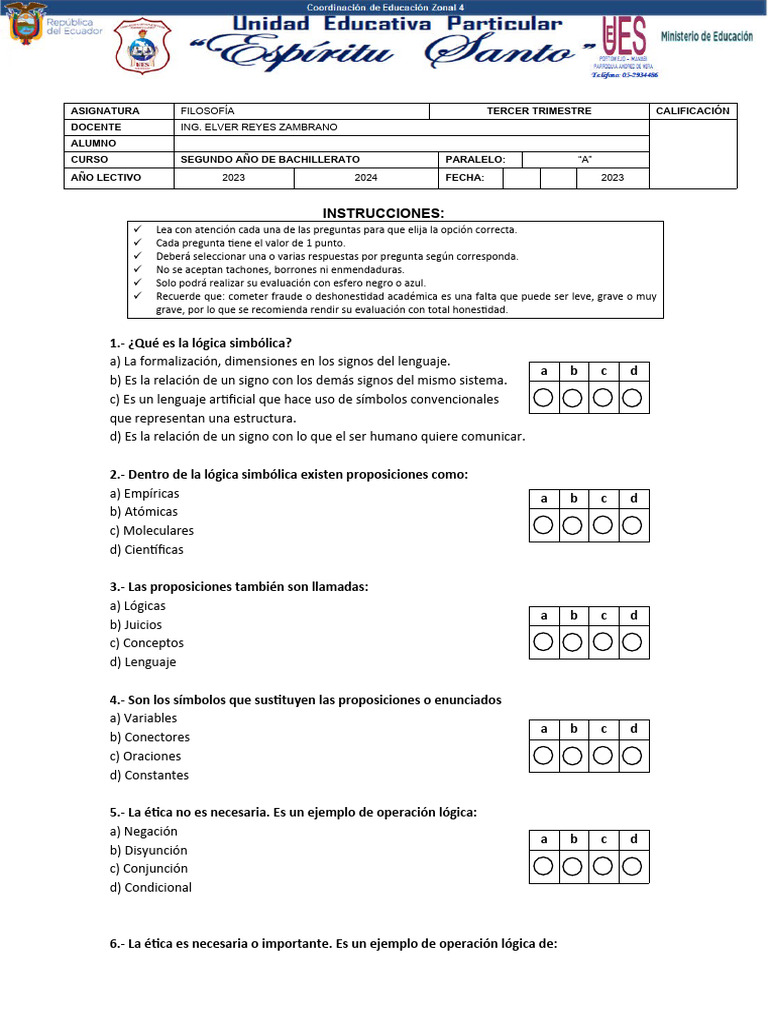 II BGU Instrumento de Evaluación Filosofía - 3T | PDF | Proposición ...