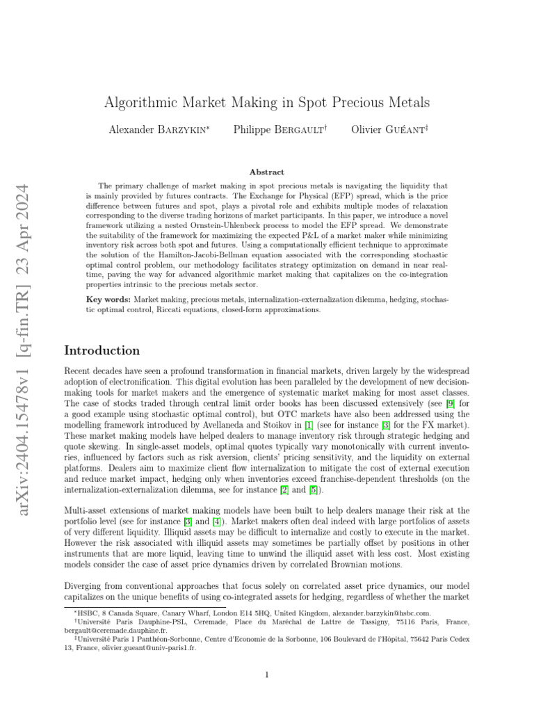 Algorithmic Market Making in Spot Precious Metals: Alexander Barzykin Philippe Bergault Olivier ...