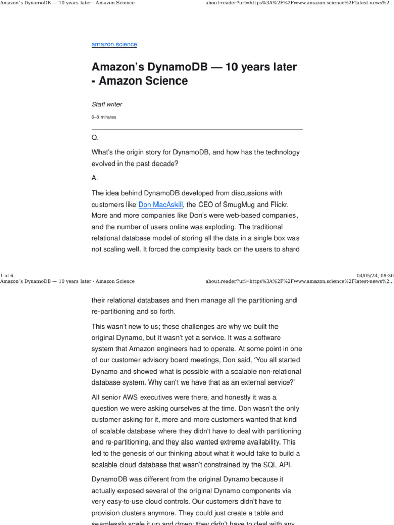 Amazon's DynamoDB - 10 Years Later - Amazon Science | PDF | Scalability | Databases