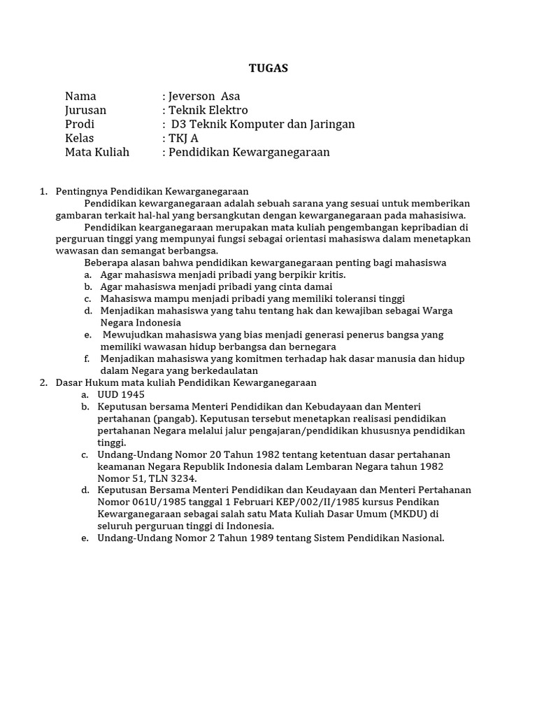 TUGAS Matkul Pendidikan Kewarganegaraan | PDF
