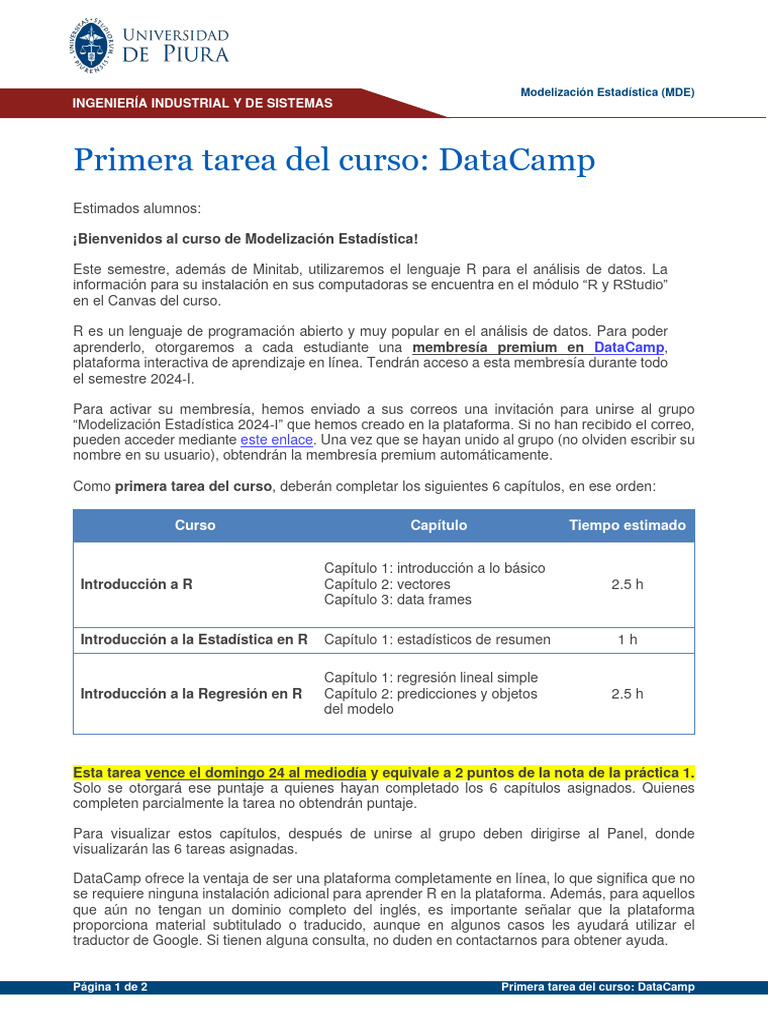 Primera Tarea Del Curso - DataCamp | Descargar gratis PDF | Estadísticas | Tecnologías de la ...