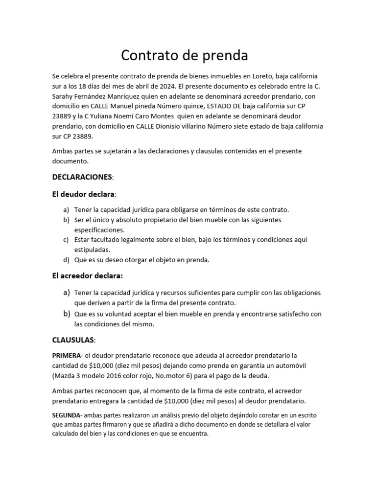 Contrato de Prenda en Loreto, BCS | PDF | Pagos | Derecho empresarial