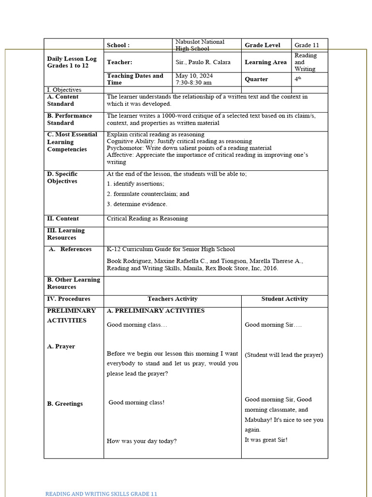 Grade 11 Critical Reading Lesson Plan | PDF | Intertextuality | Tide