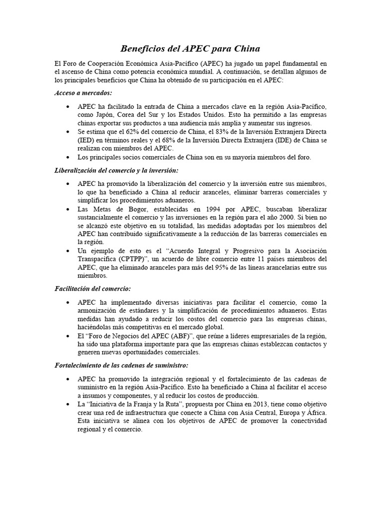 Beneficios del APEC para China | PDF | Cooperacion economica Asia Pacifico | China