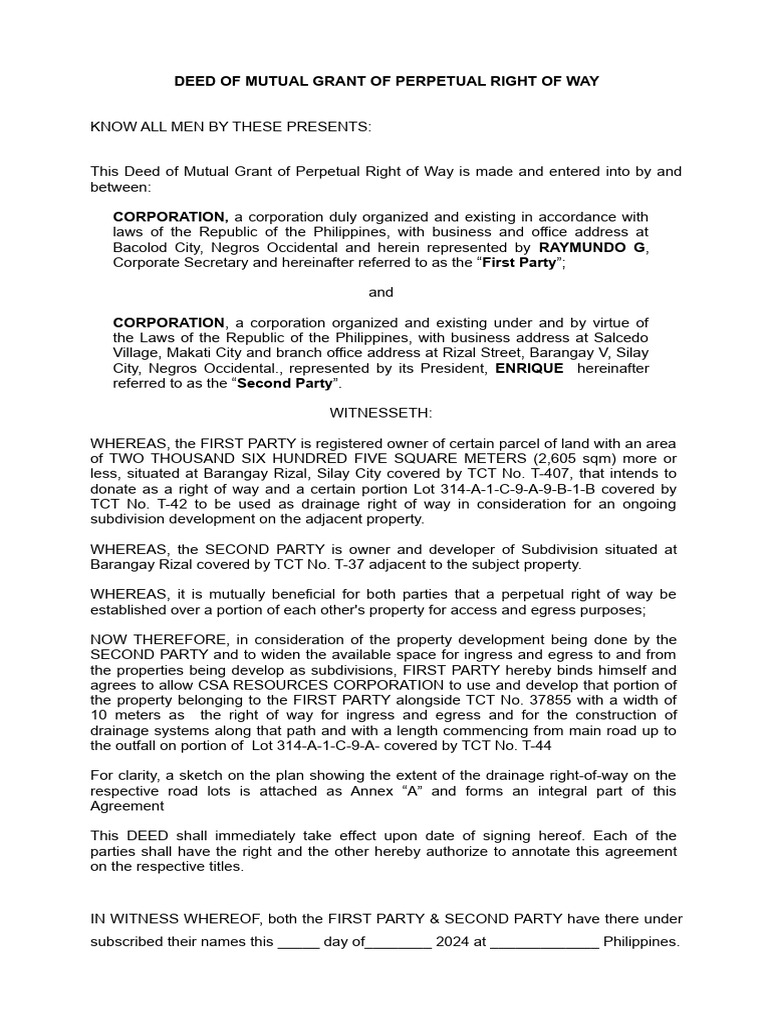 Perpetual Right of Way Deed Agreement | PDF | Natural Resources Law ...